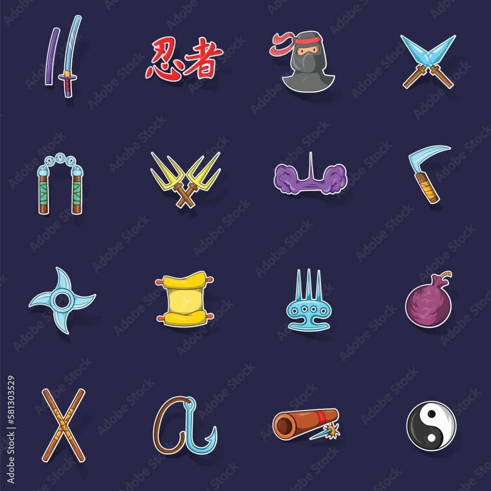 Ninja icons set stikers collection vector with shadow on purple ...