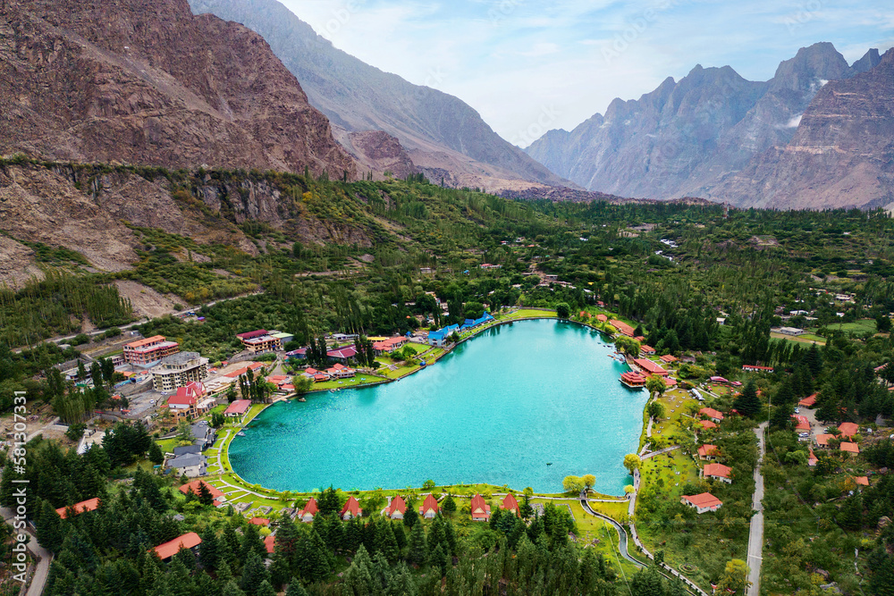 Aerial top view of heart love shape pond river lake in Karakoram high ...