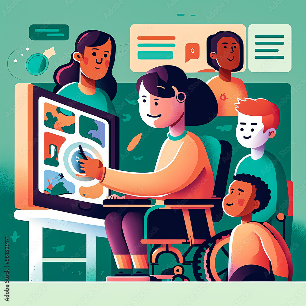 A teacher with a disability working with students, using innovative ...