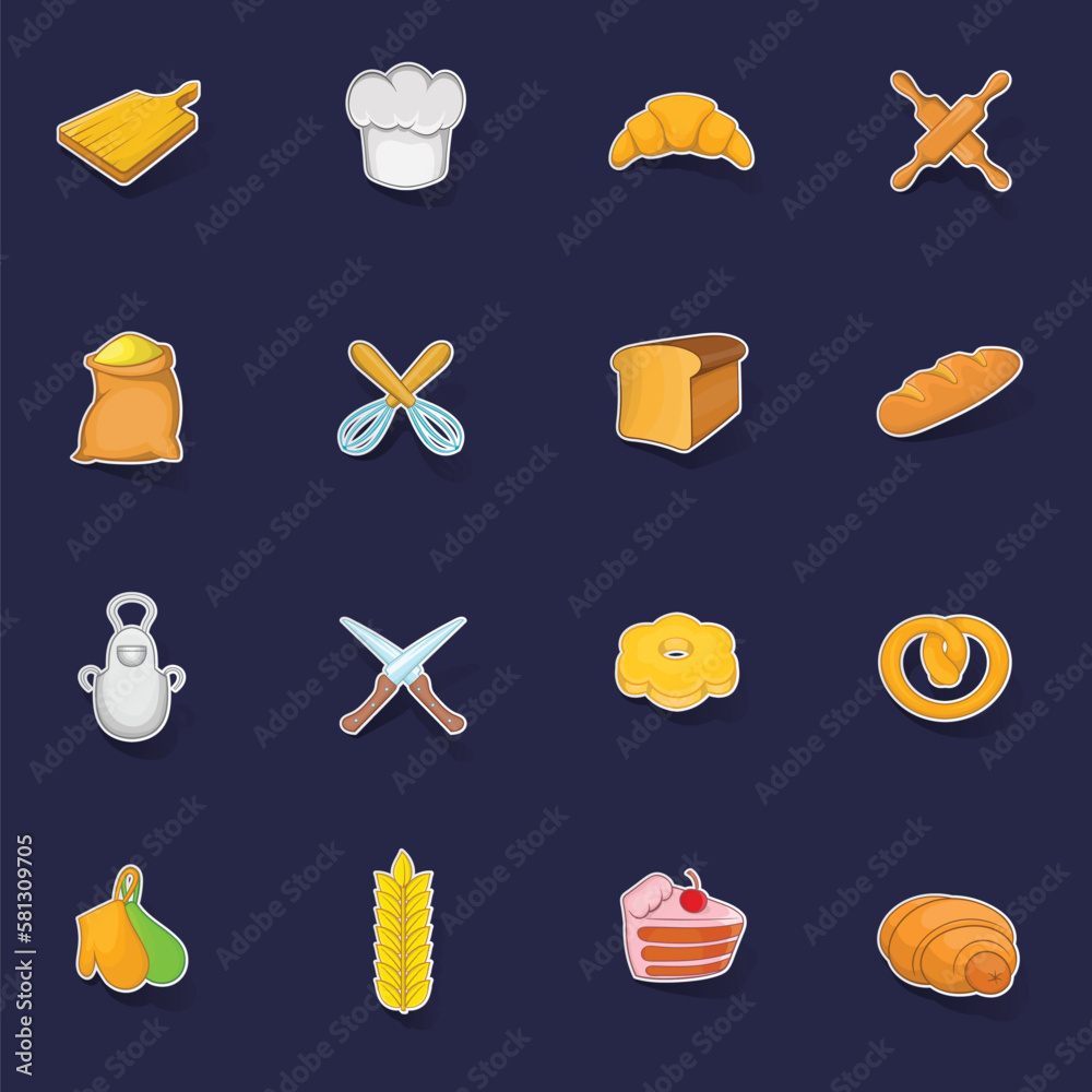 Bakery icons in cartoon style. Bread set stikers collection vector with ...