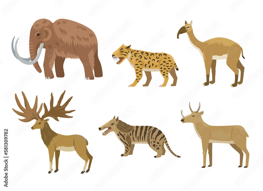 Prehistoric animals, mammoth, saber-tooth tiger, macrauchenia, clip-art ...