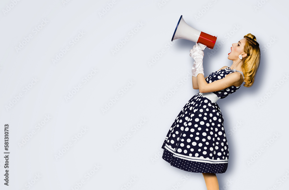 Profile side view image of beautiful woman hold mega phone, shout ...