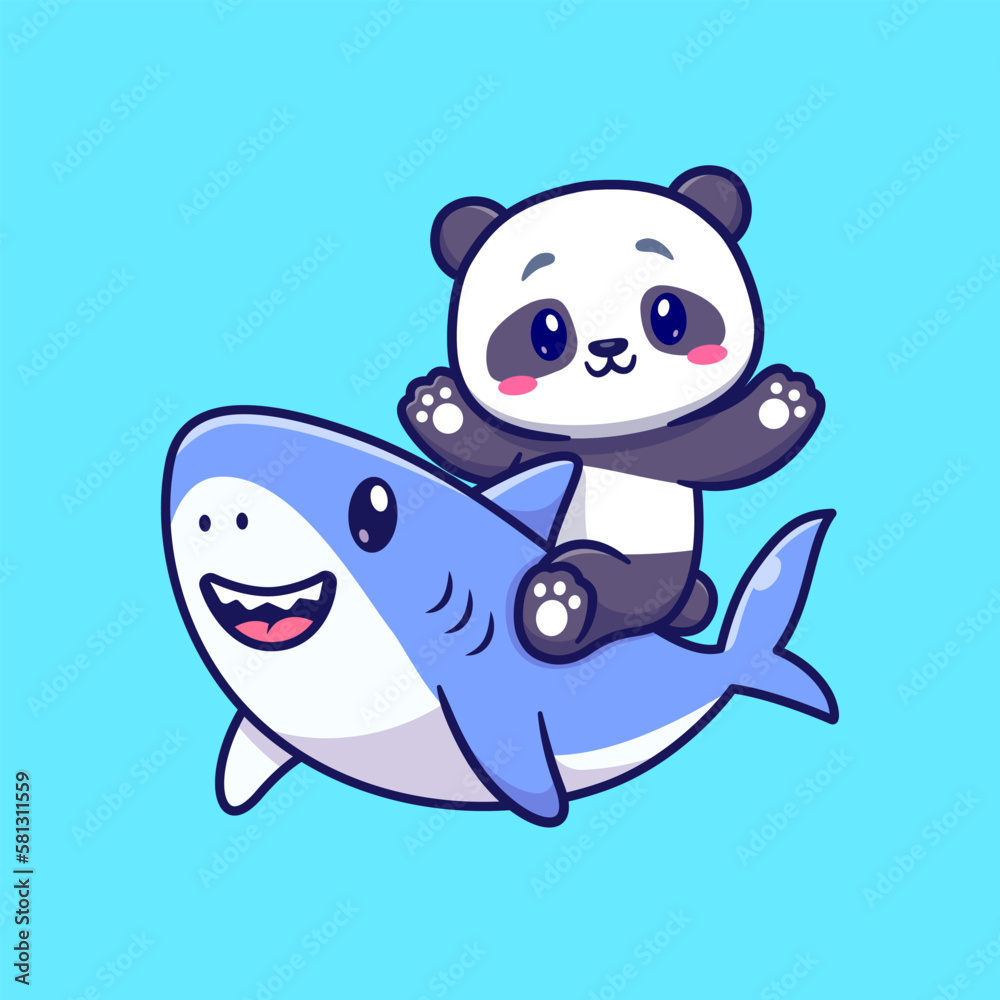Cute Panda With Cute Shark Cartoon Vector Icon Illustration. Animal ...