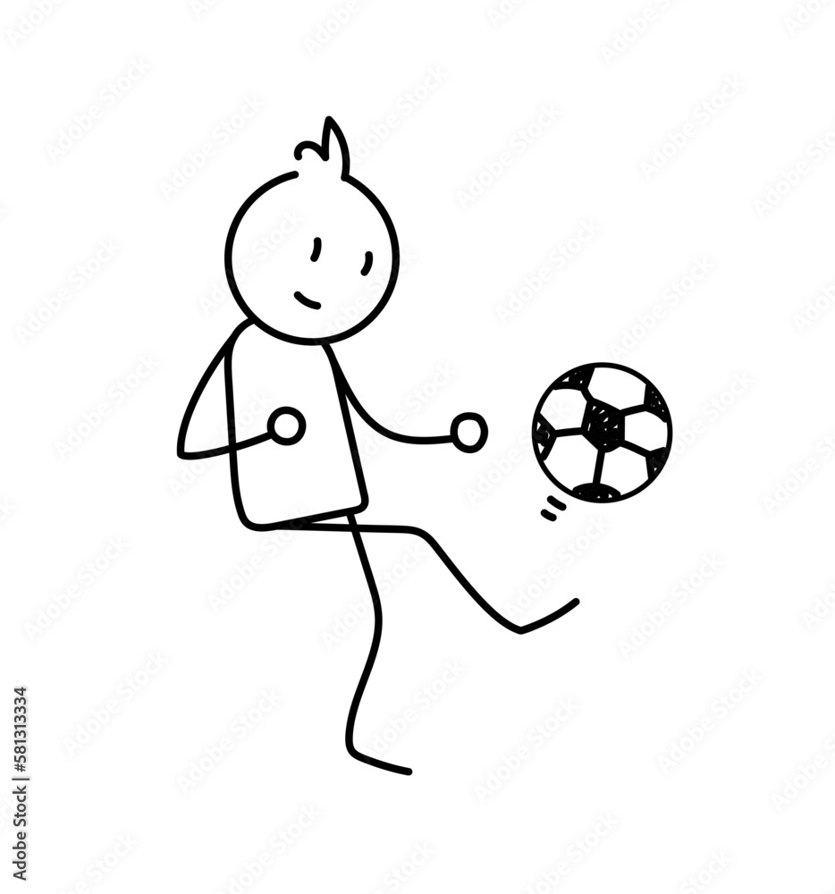 Stick figure doodle kicks a soccer ball, a hand drawn vector of a ...