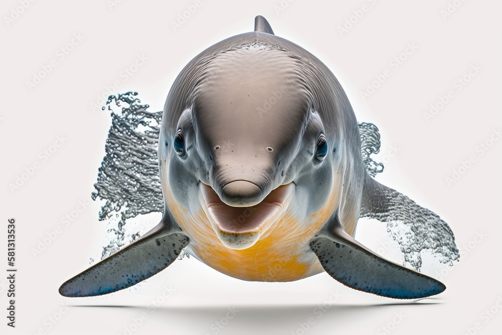 High-quality 3D art of a cute dolphin standing solo on white background ...