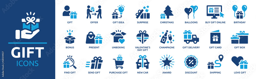 Gift icon set. Containing offer, surprise, gift idea, birthday, bonus ...