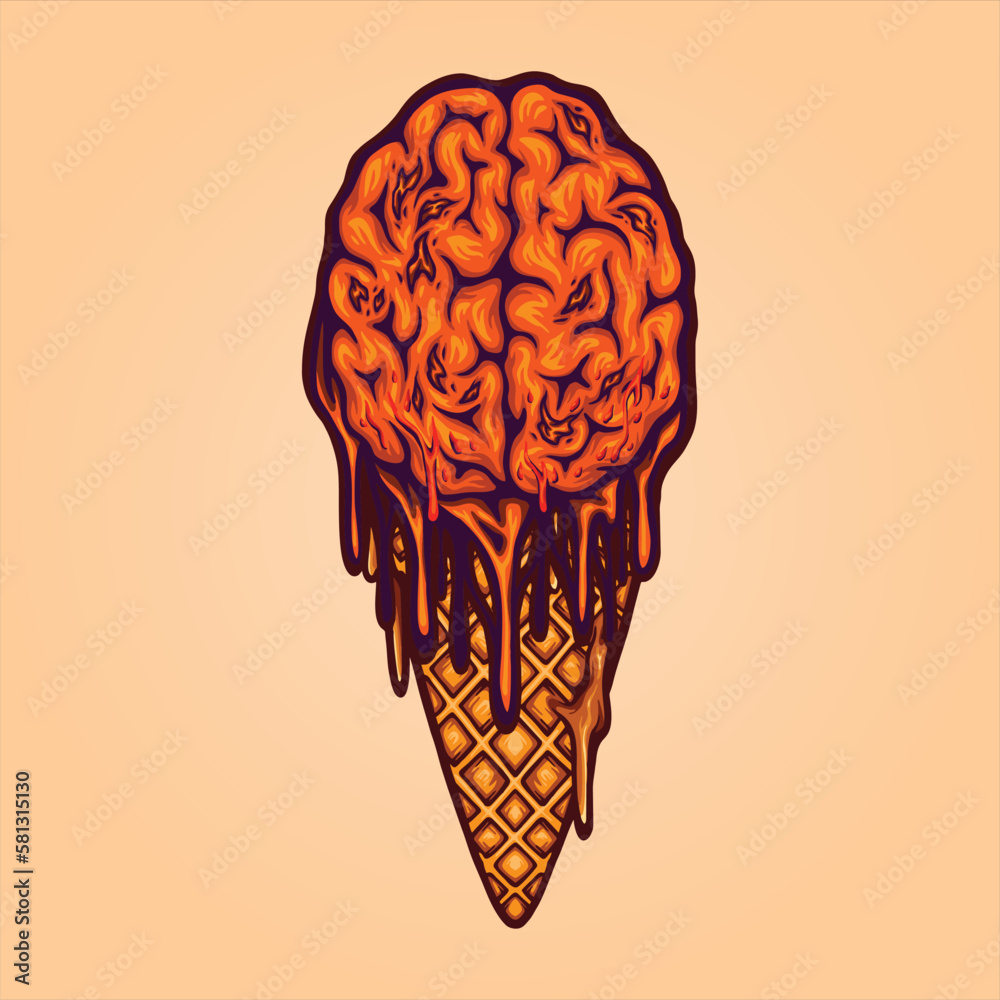 Spooky chocolate ice cream zombie brain logo cartoon illustrations ...