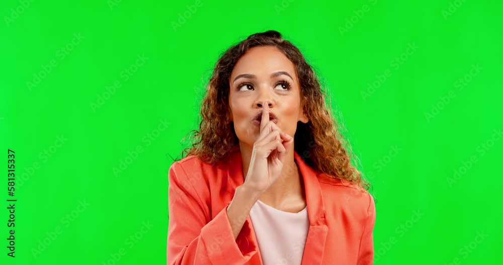 Secret, hush and face of a woman in a studio with a finger on her mouth ...
