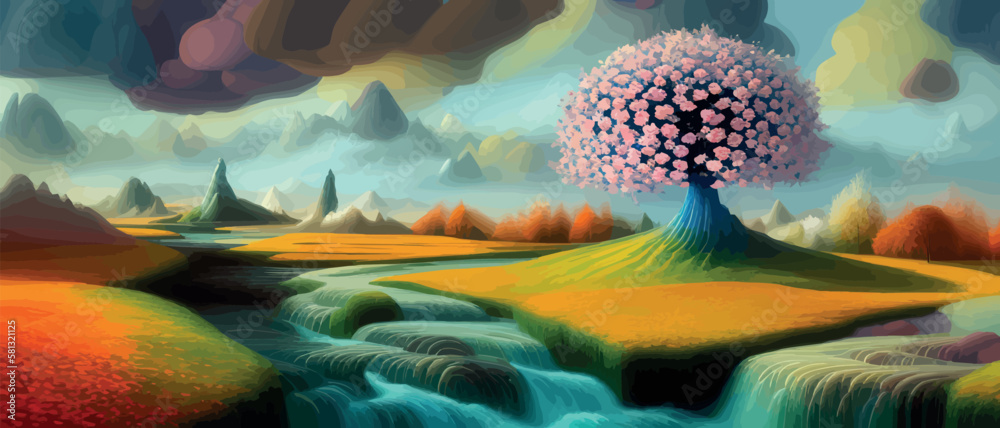 Surreal landscape with abstract colorful multicolored trees and clouds ...