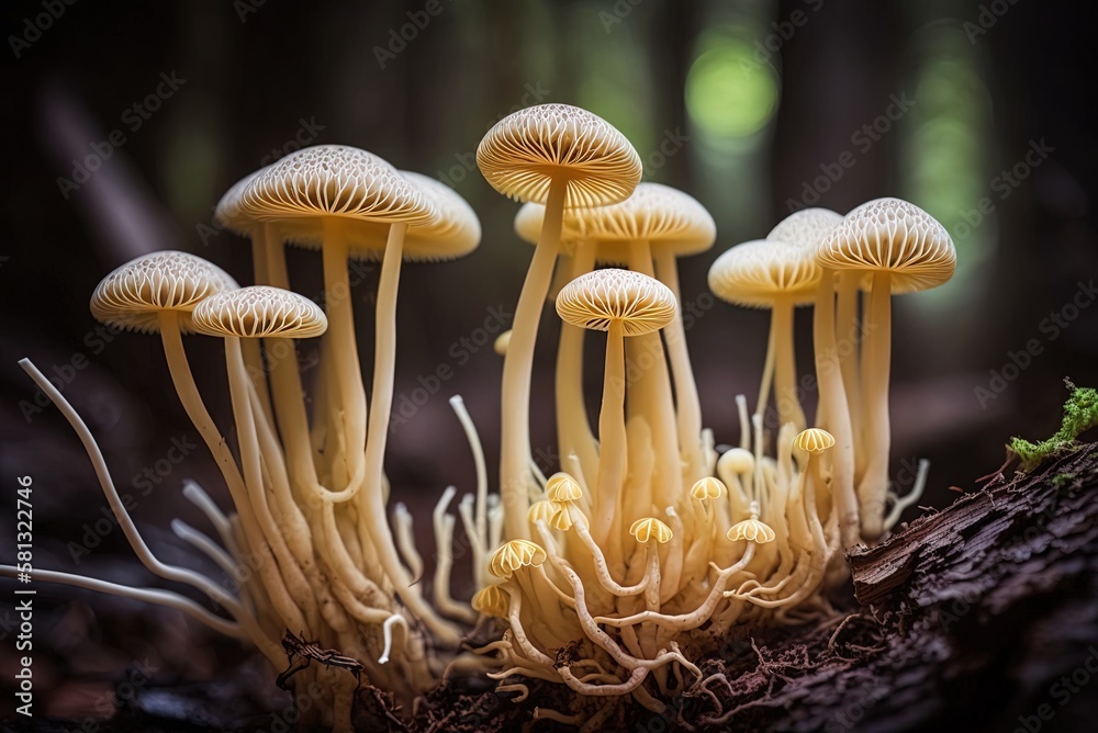 Wild enoki mushrooms up close, growing on decaying wood in the woods ...