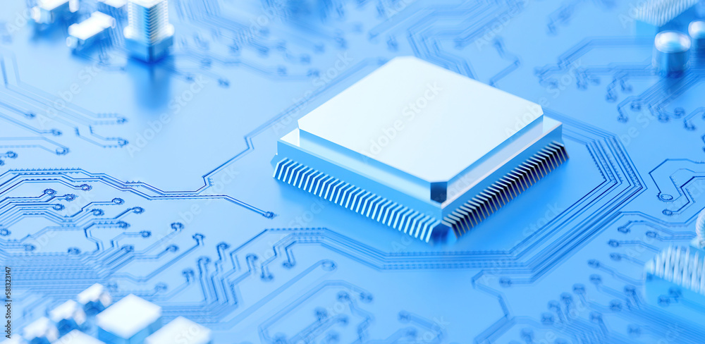 3D rendering of cyberpunk AI. Circuit board. Technology background ...