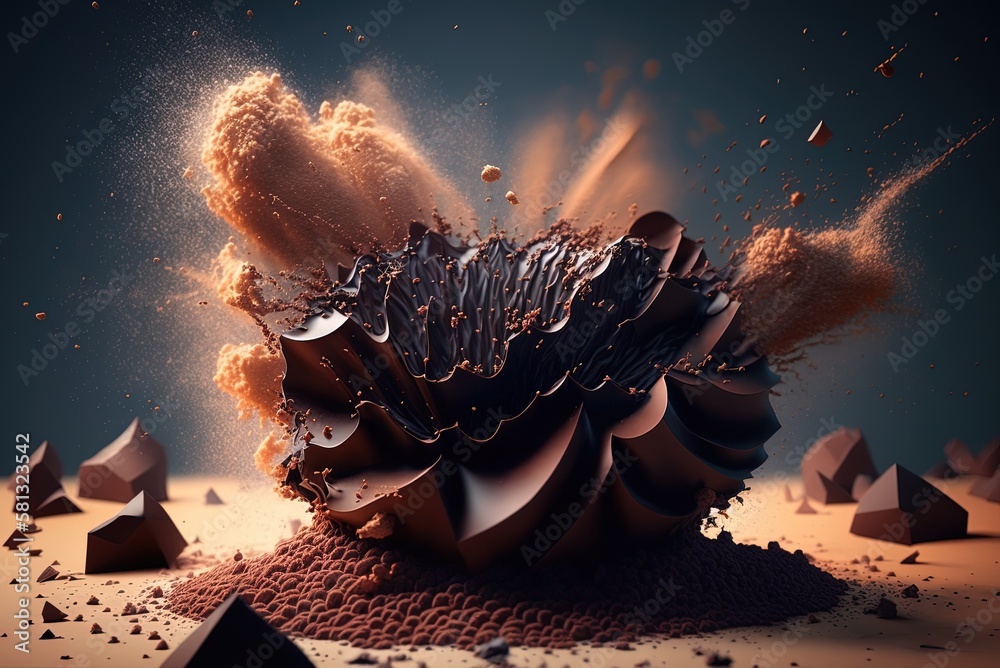 Dark chocolate powder explodes, splashing chocolate candy. Generative ...