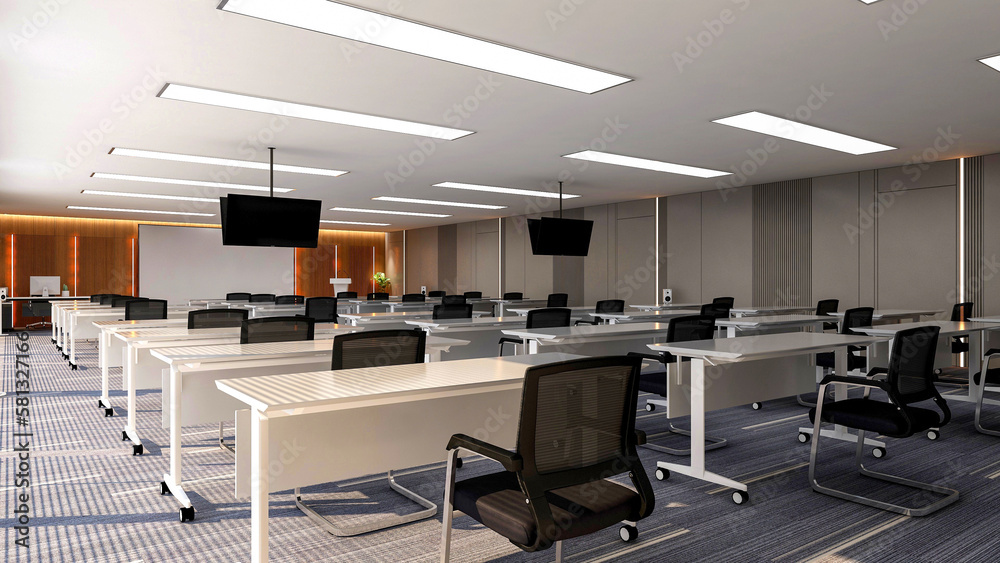 Interior of large modern office training room with large curved monitor ...