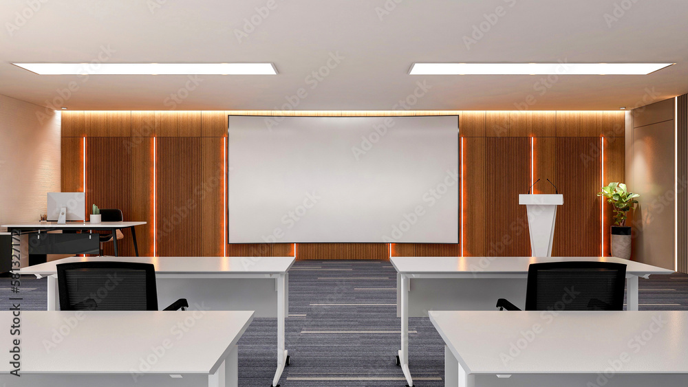 Interior of large modern office training room with large curved monitor ...