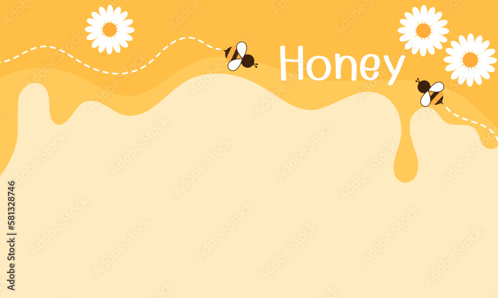 Honey drop, bee cartoons and daisy flower on yellow background vector ...