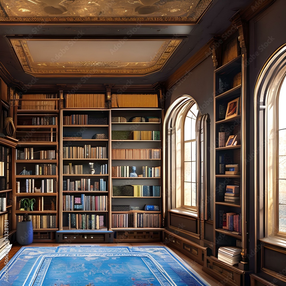 A home library with floor-to-ceiling shelves and a ladder1, Generative ...