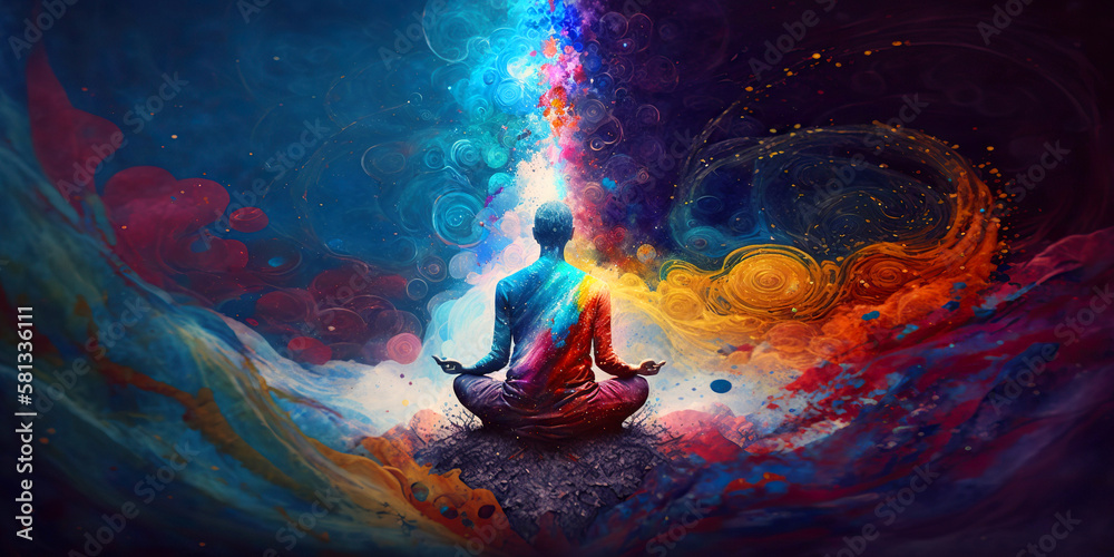 meditation pose against the background of the galaxy nebula. Generative ...