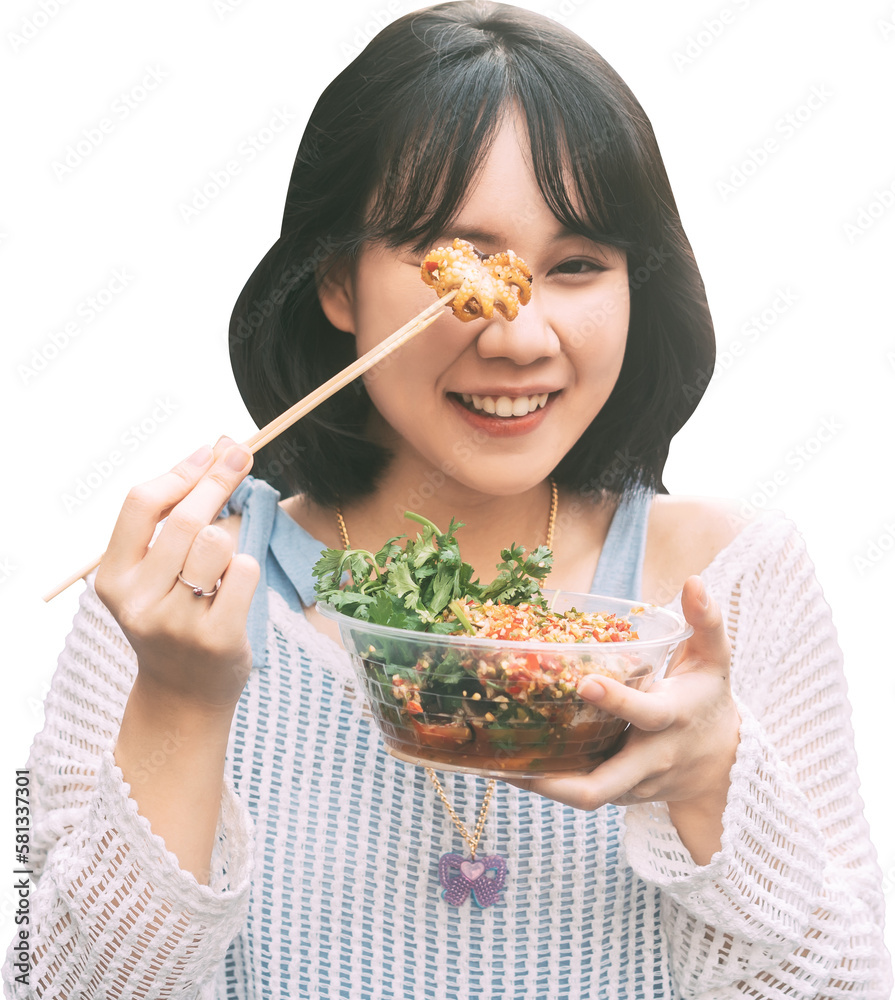 Asian foodie woman traveler eating spicy food thai menu isolated ...
