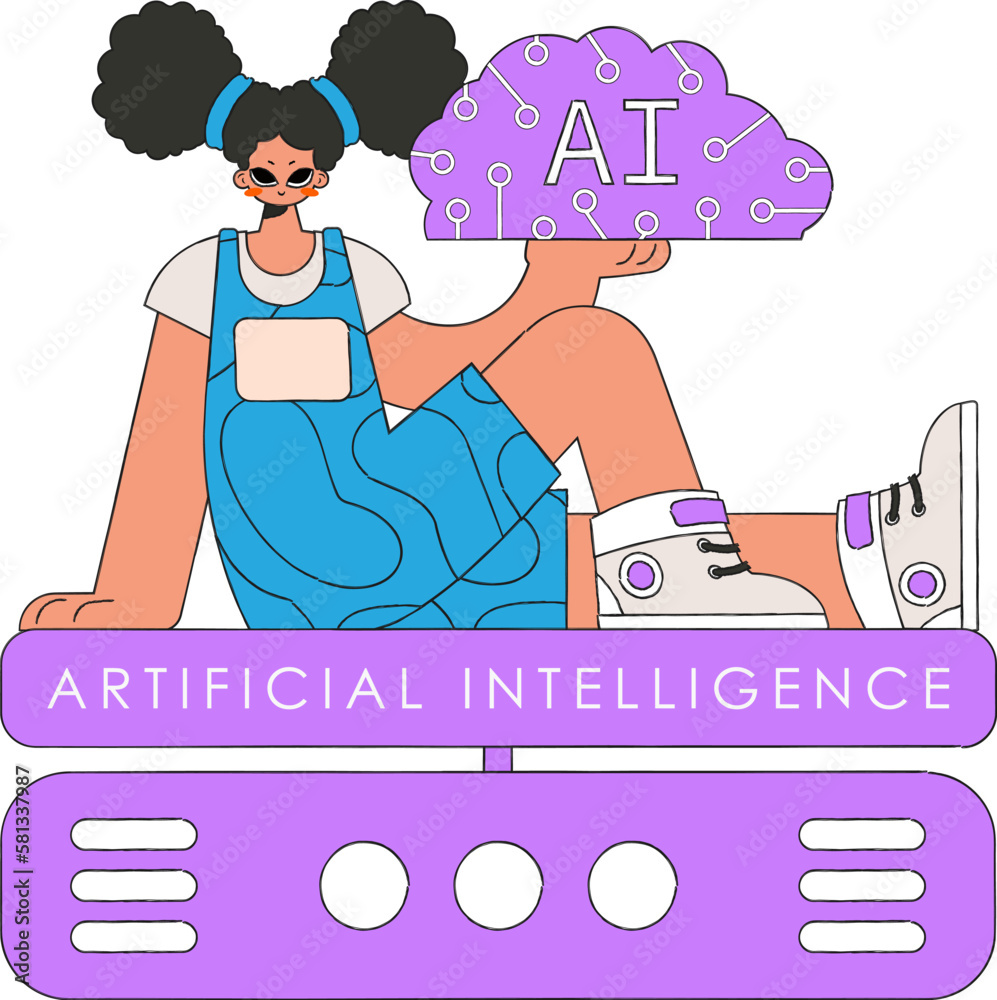Girl grasping an AI-generated brain, vector image. Stock Vector ...