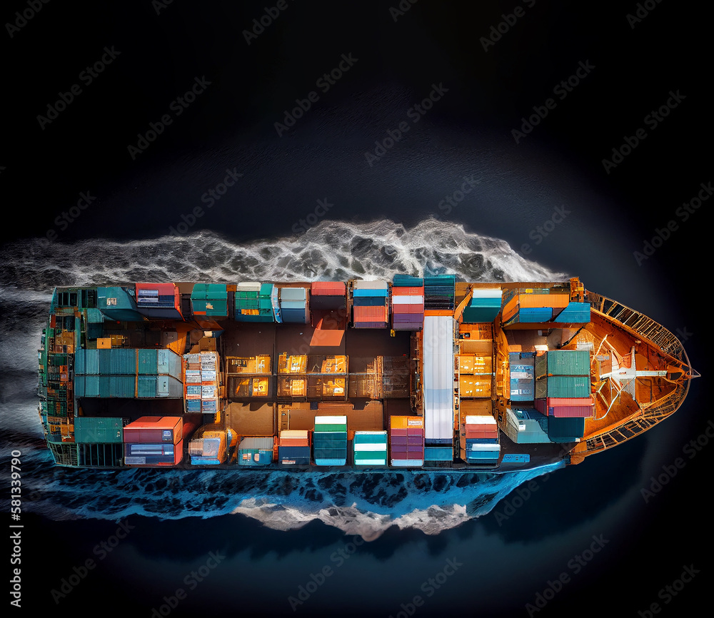 Aerial top view container cargo ship with contrail in the ocean ship ...