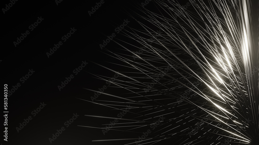 Abstract silver metallic hairs on black bg, 3D levitating structure ...