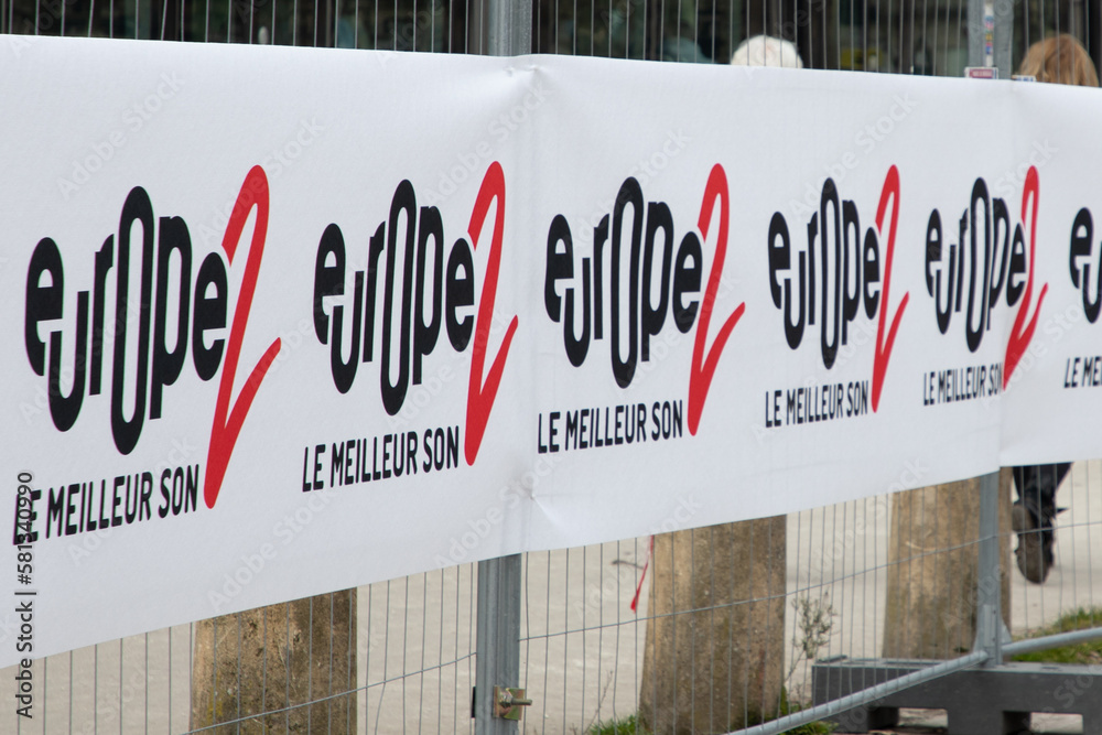 europe 2 logo sign and brand text on flag of french radio channel ...