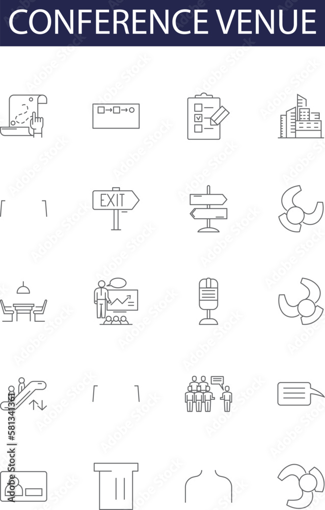 Conference venue line vector icons and signs. Arena, Auditorium, Palace ...