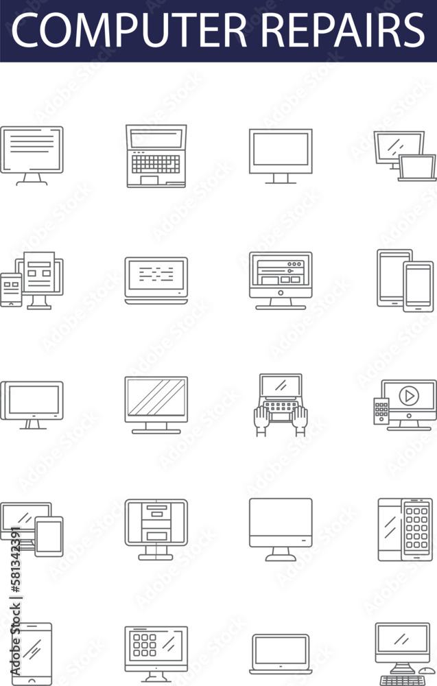 Computer repairs line vector icons and signs. Computer, Service ... Computer repairs line vector icons and signs. Computer, Service ...