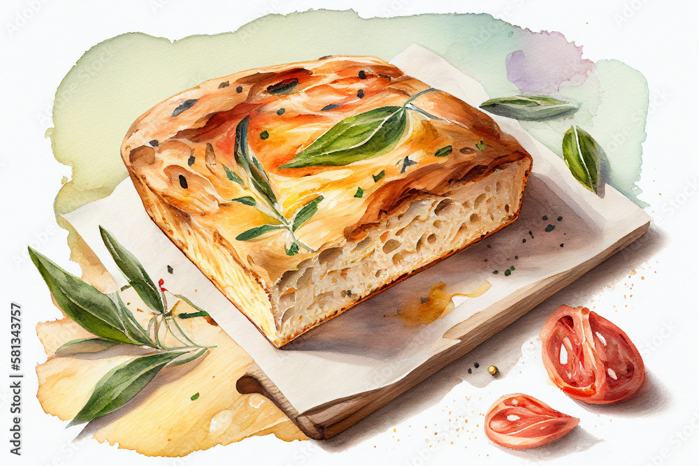 Watercolour focaccia Italian bread on white background. Ai generative ...