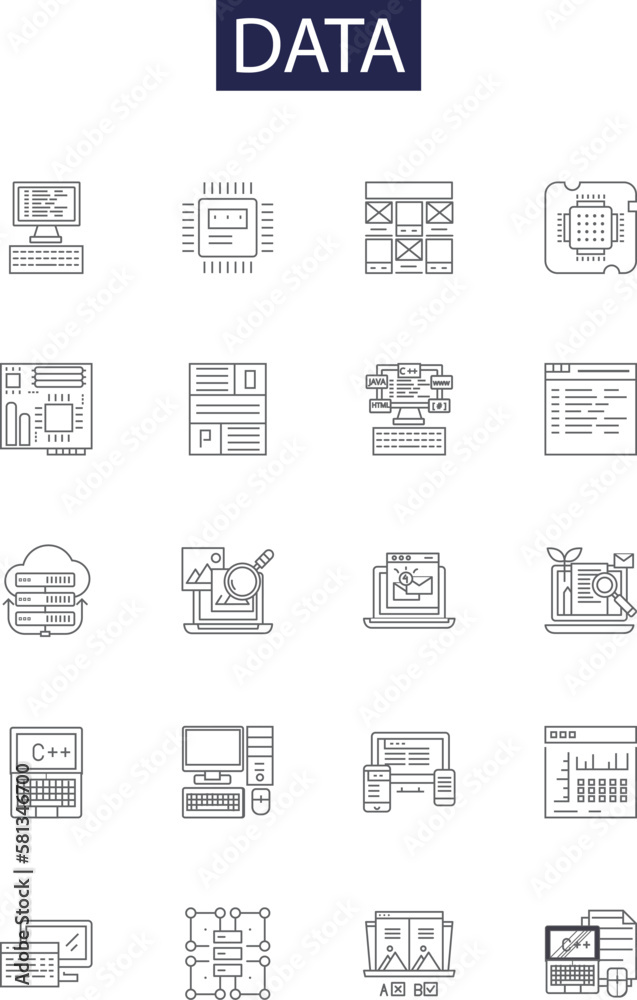 Data line vector icons and signs. Mining, Science, Records, Processing ...