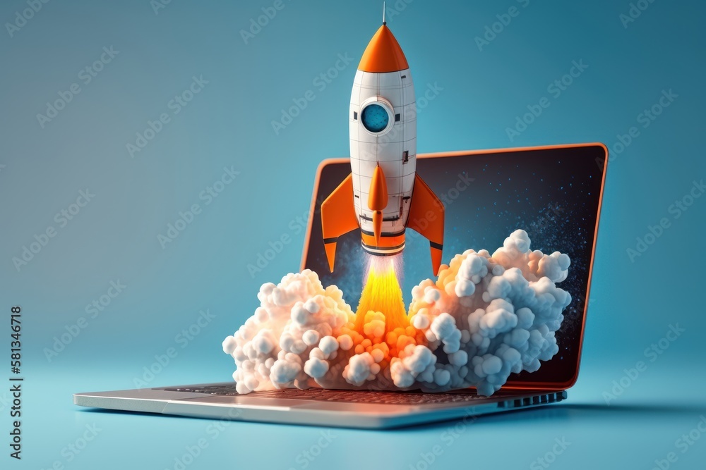 Rocket launching out from laptop on blue background, Business startup ...