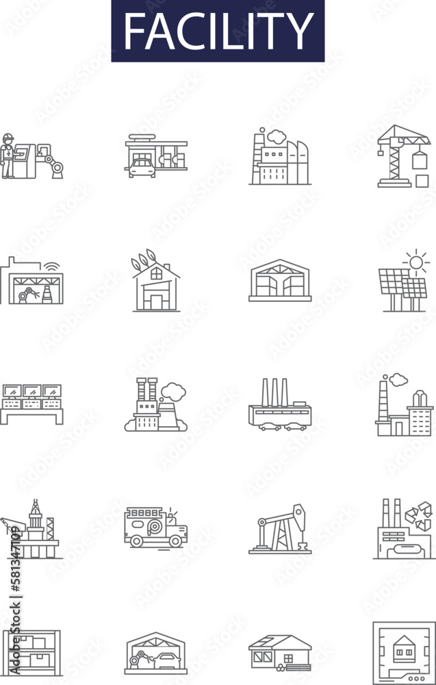 Facility line vector icons and signs. Building, Site, Complex, Place ...