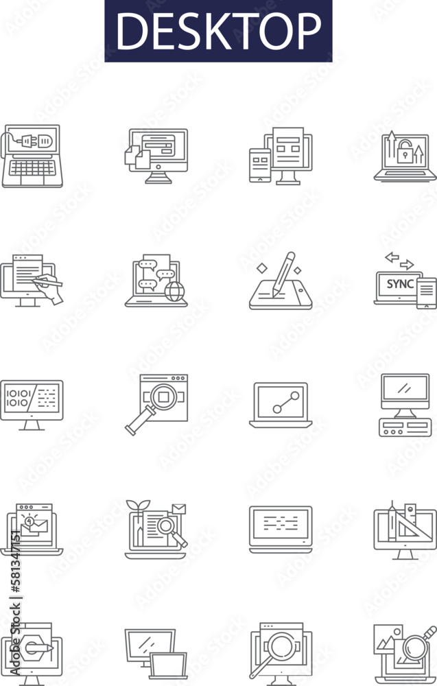 Desktop line vector icons and signs. Desktop, Monitor, CPU, Keyboard ...