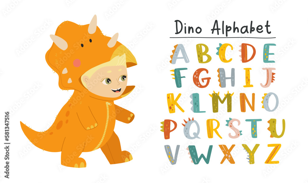 Vector funny comic Dino alphabet on a white background in cartoon style ...