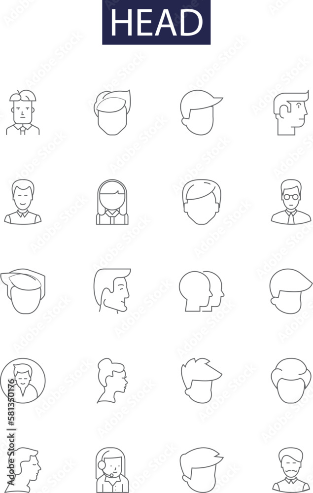 Head line vector icons and signs. Scalp, Forehead, Brain, Hairstyle ...