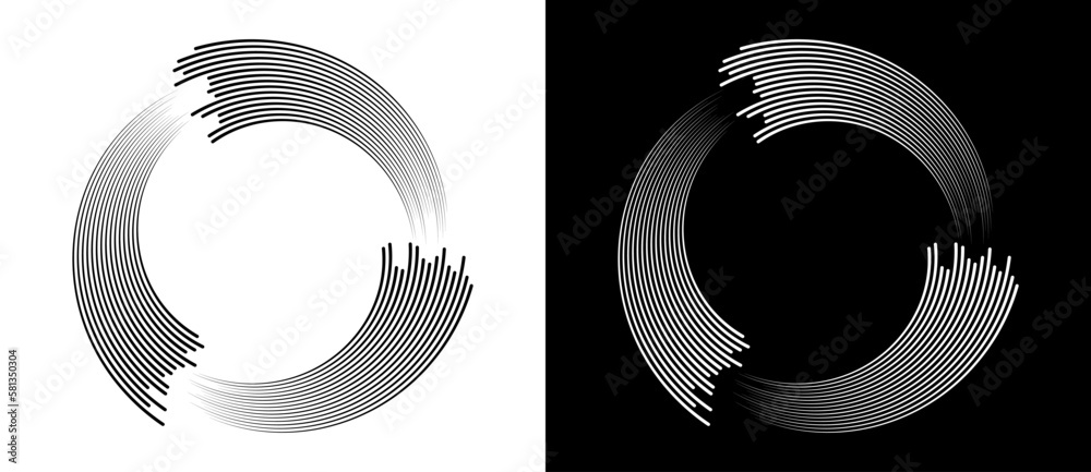 Circles with parallel lines and spiral perspective. A white circle on a ...