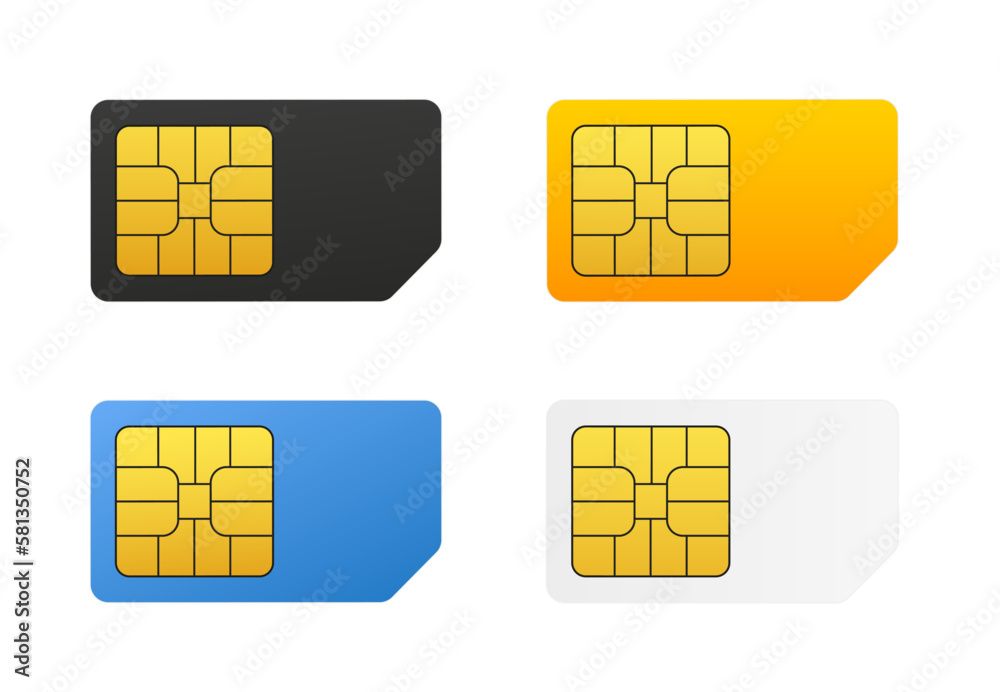 Four SIM cards black, white, blue, yellow. Mobile phone icon ...
