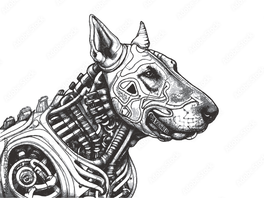 Biomechanical Bull Terrier cyborg. Doodle sketch. Vector illustration ...