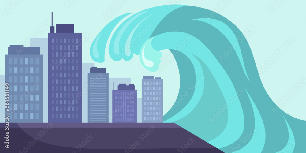 Tsunami heading towards city vector illustration. Big wave hitting ...