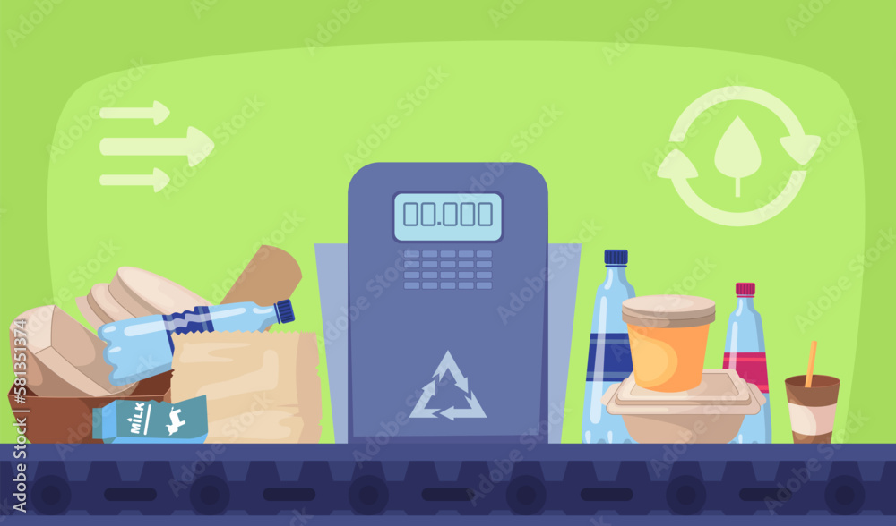 Garbage sorting vector illustration. Plastic bottles, packages and ...