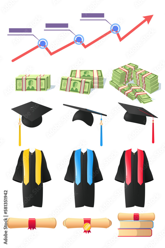 Tuition fee rise vector illustrations set. Diagram of rising prices ...