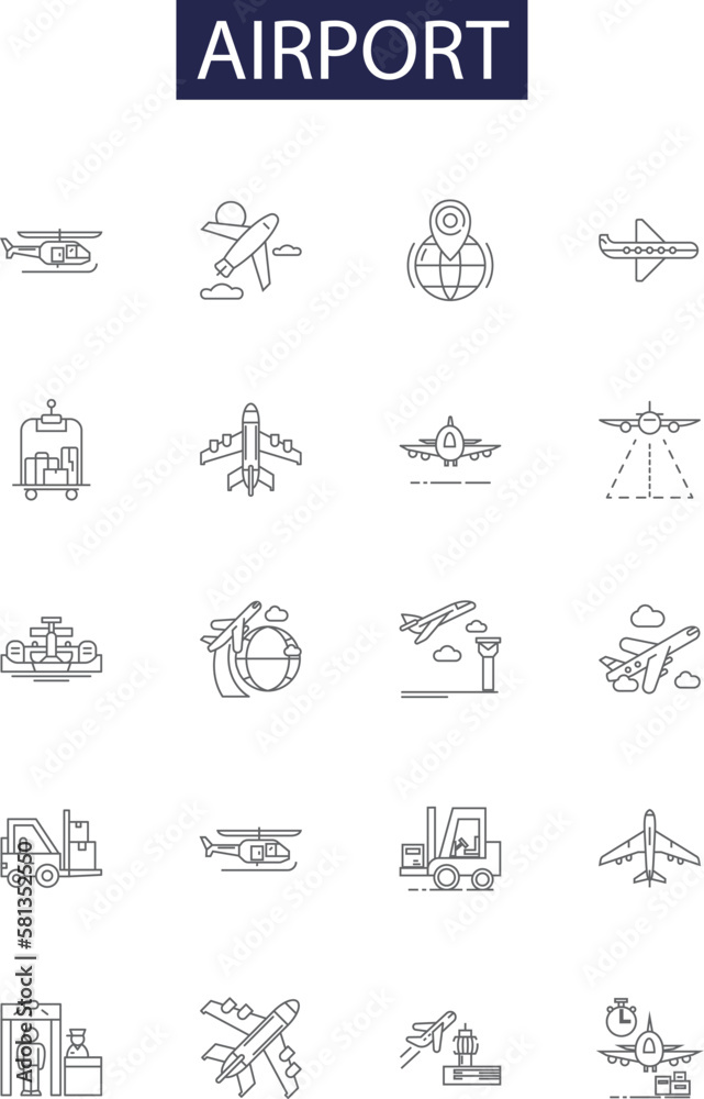 Airport line vector icons and signs. Terminal, Aircraft, Flight, Sky ...
