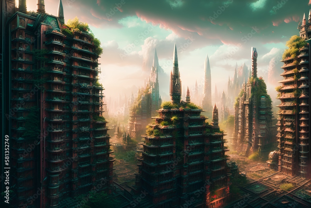 Futuristic city with a overgrown buildings, life after people. Post ...