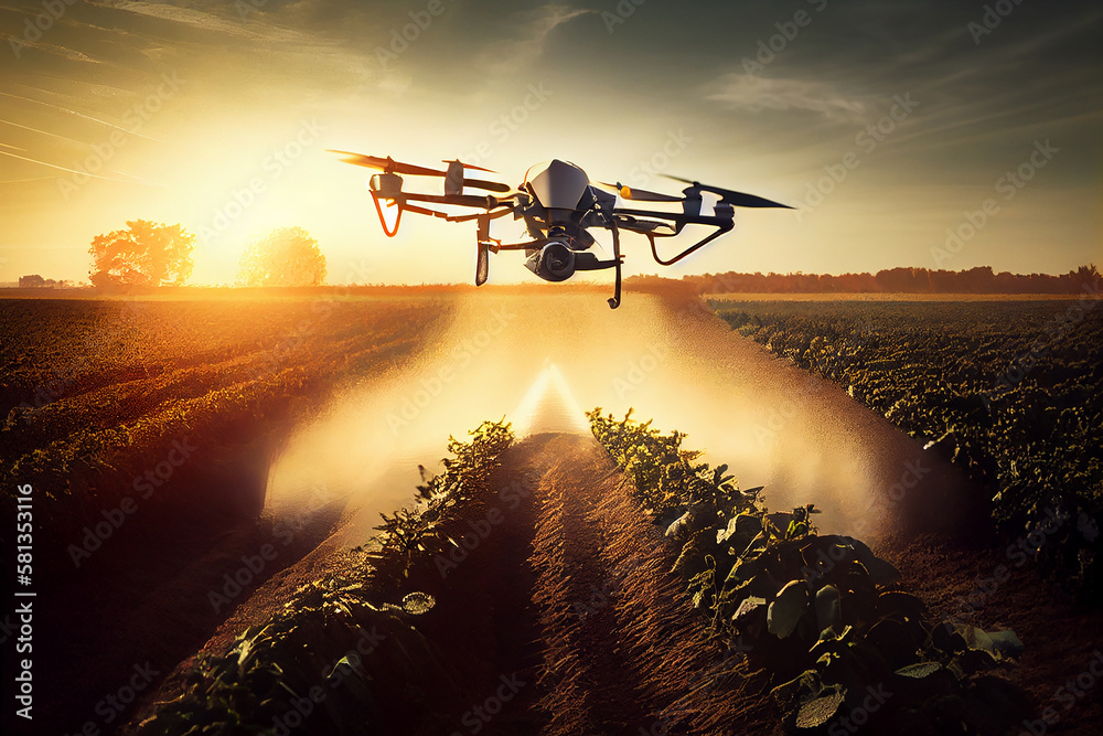 Agriculture drone fly to sprayed fertilizer on fields garden farm ...