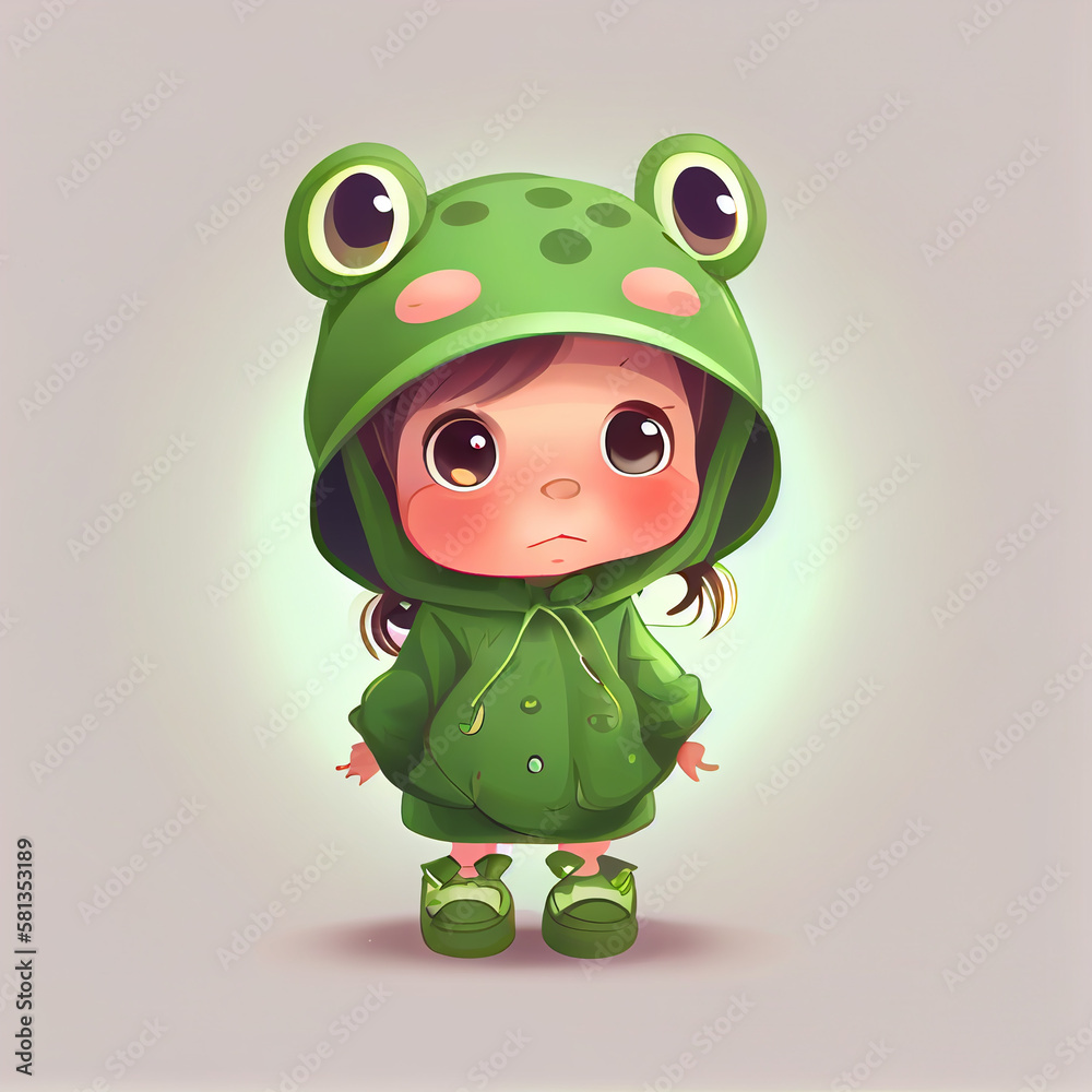 Cute little girl in frog hat, cartoon, image generated with ai Stock ...