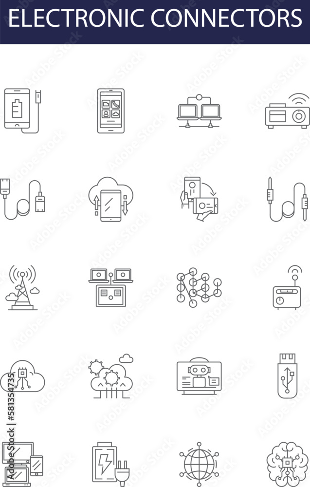 Electronic connectors line vector icons and signs. Pins, Sockets, Plugs ...