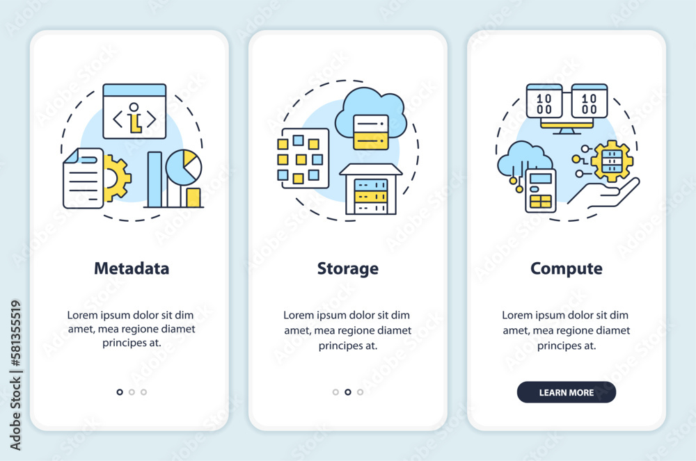 Data lake and warehouse onboarding mobile app screen. Differences ...