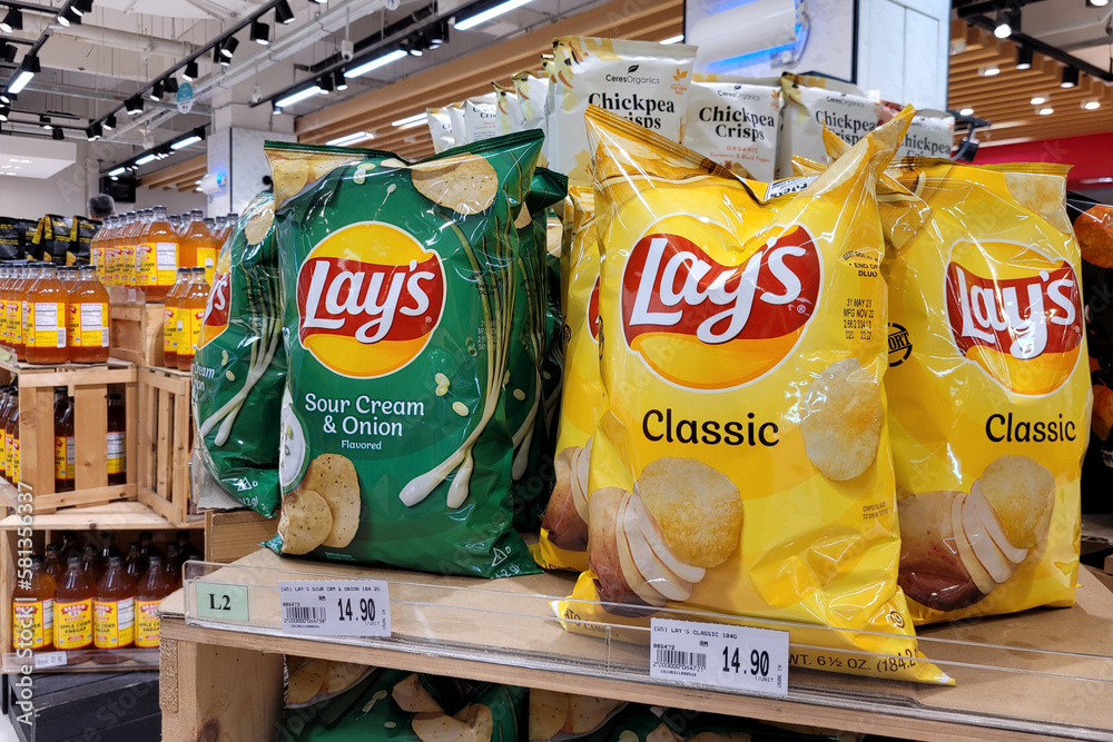 Kuala Lumpur, Malaysia - 12 Mar 2023: Various flavoured of lay's potato chips for sale in ...