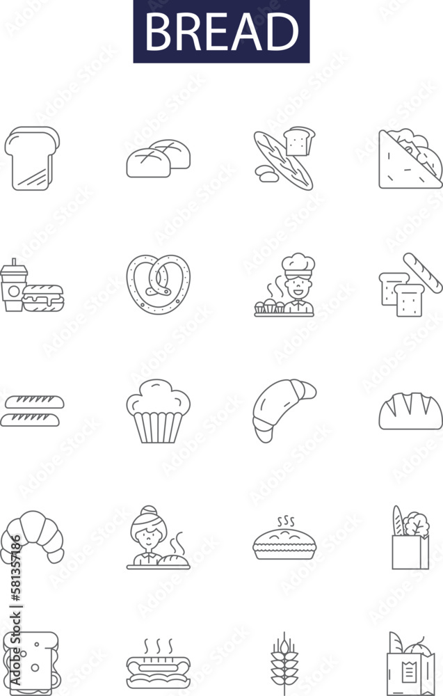 Bread line vector icons and signs. Baker, Yeast, Sourdough, Rye, Wheat ...