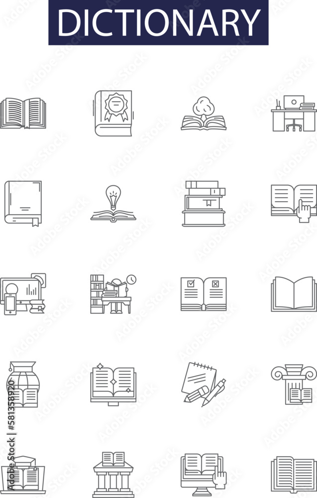 Dictionary line vector icons and signs. Vocabulary, Glossary ...